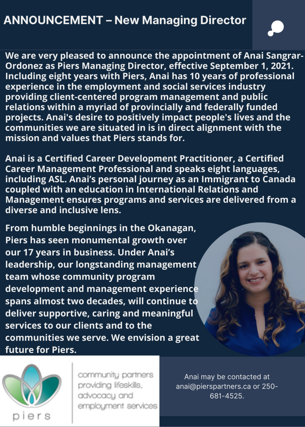 Announcement- New Managing Director Sept 1, 2021 | Partners in Resources